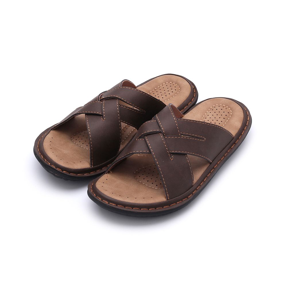 BONJO 雙交叉牛皮拖鞋 咖 男鞋 - 鞋全家福